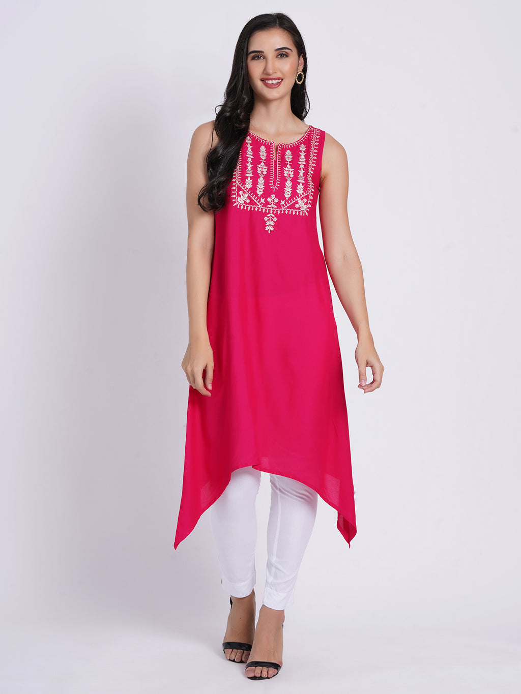 SUTI WOMEN RAYON EMBROIDERED SLEEVELESS A-LINE LONG KURTI – sutionline
