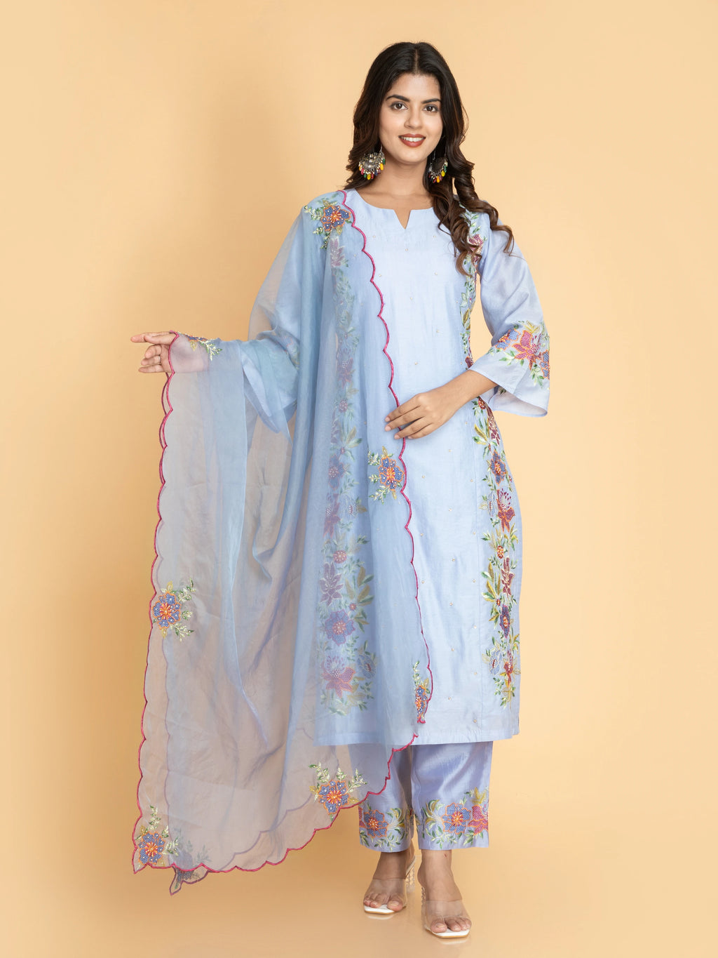 CHANDERI SILK 3PC SET EMBELLISHED WITH PLACEMENT EMB. & ADDA WORK DETA ...